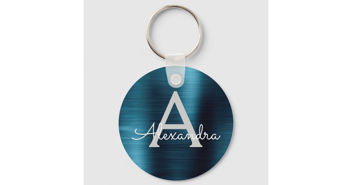 Blue Modern Faux Stainless Steel Monogram Keychain | Zazzle