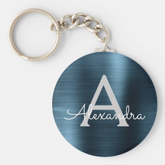 Blue Modern Faux Stainless Steel Monogram Keychain | Zazzle.com
