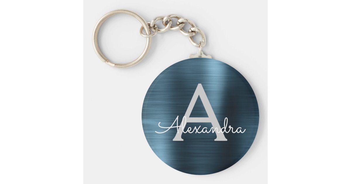 Blue Modern Faux Stainless Steel Monogram Keychain | Zazzle.com