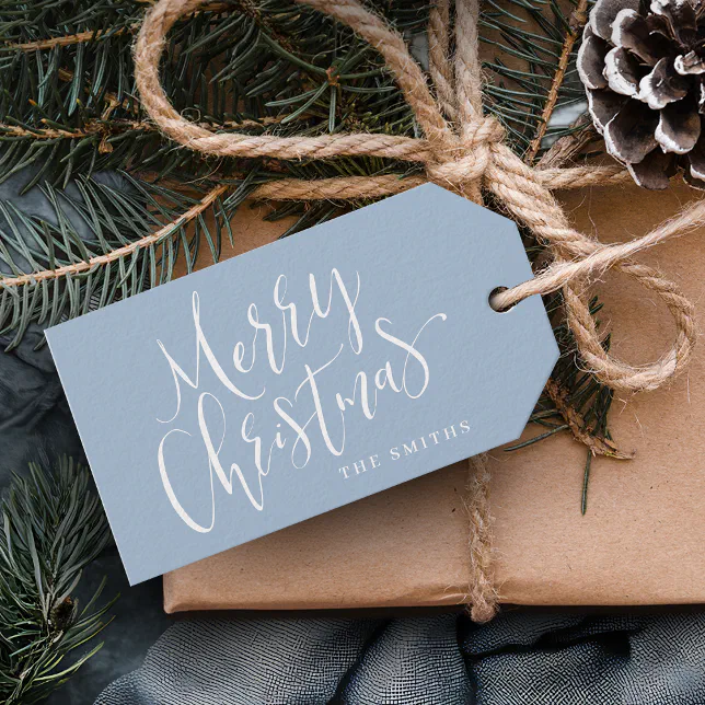 Blue Modern Simple Calligraphy Merry Christmas Gift Tags | Zazzle