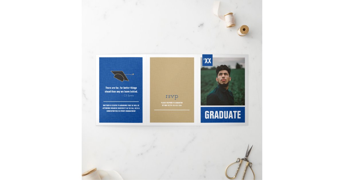 Blue Modern Textured Photo Graduation Tri-Fold Invitation | Zazzle