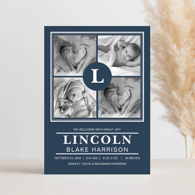 Blue Monogram Baby Boy Birth Announcement Card | Zazzle