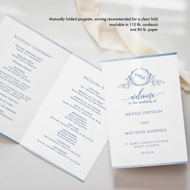 Blue Monogram Folded Wedding Ceremony Program | Zazzle