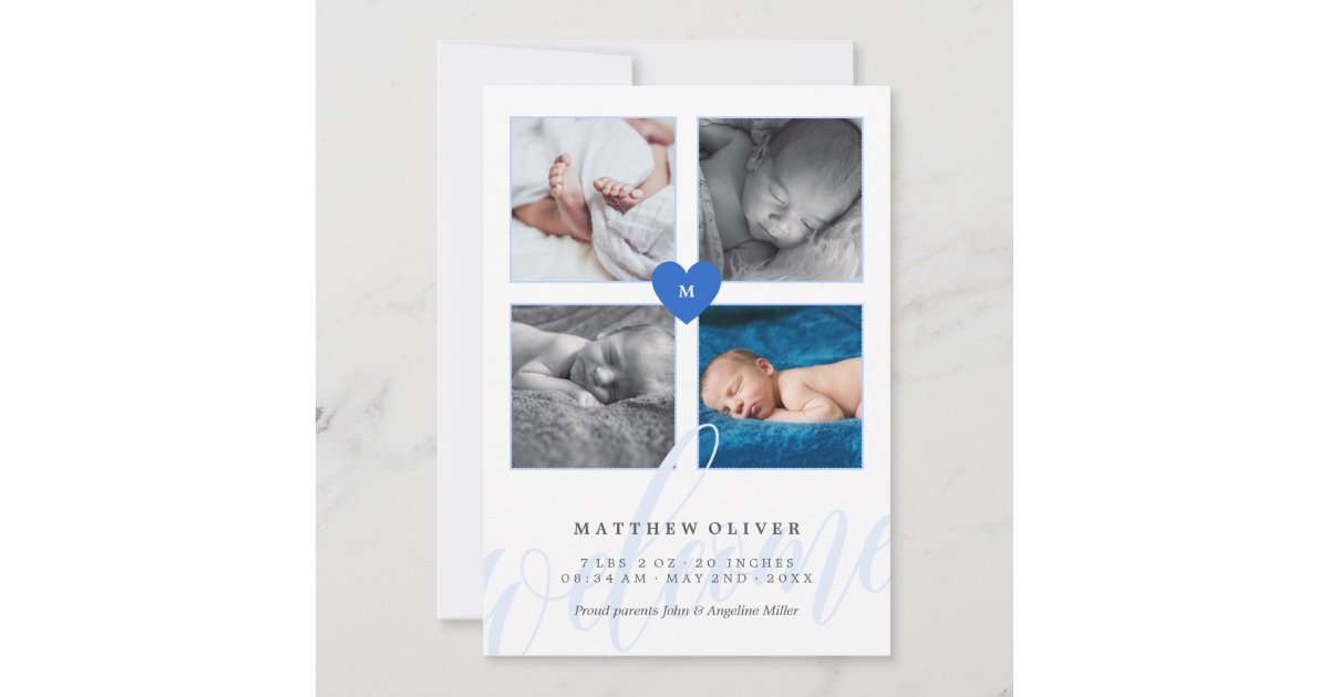 Blue Monogram Photo Collage Baby Announcement | Zazzle