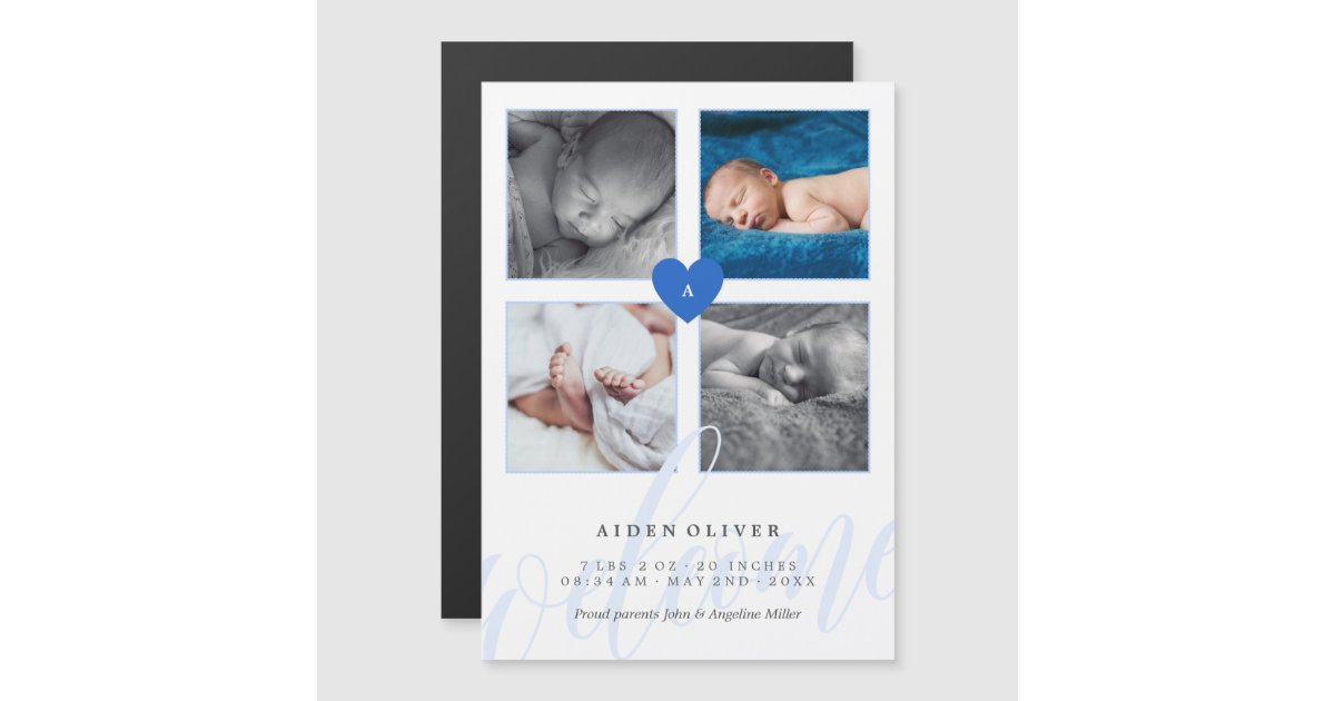 Blue Monogram Photo Collage Baby Announcement | Zazzle