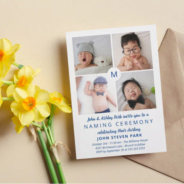 Blue Monogrammed Photo Collage Naming Ceremony Invitation | Zazzle