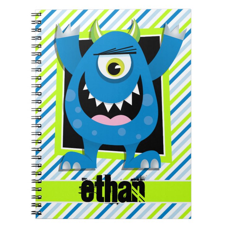 Blue Monster; Neon Green, White Stripes Notebook | Zazzle