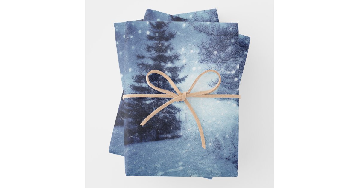 Blue Moonlit Magical Forest Winter Scene Wrapping Paper Sheets | Zazzle