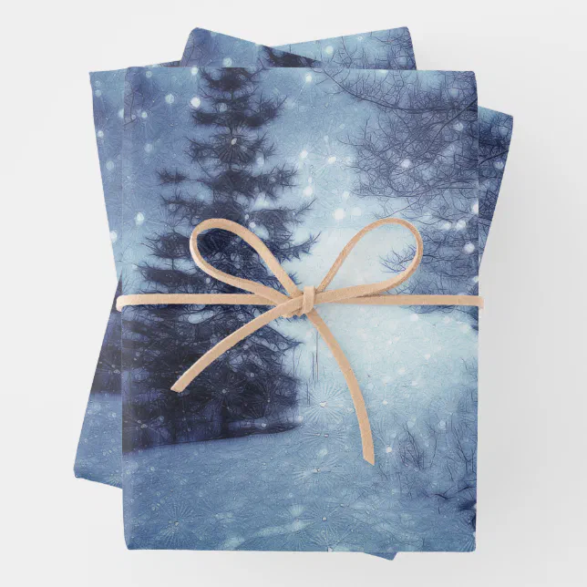 Blue Moonlit Magical Forest Winter Scene Wrapping Paper Sheets | Zazzle