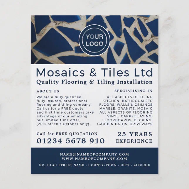 Blue Mosaic, Floorer, Tile Installer Advertising Flyer | Zazzle