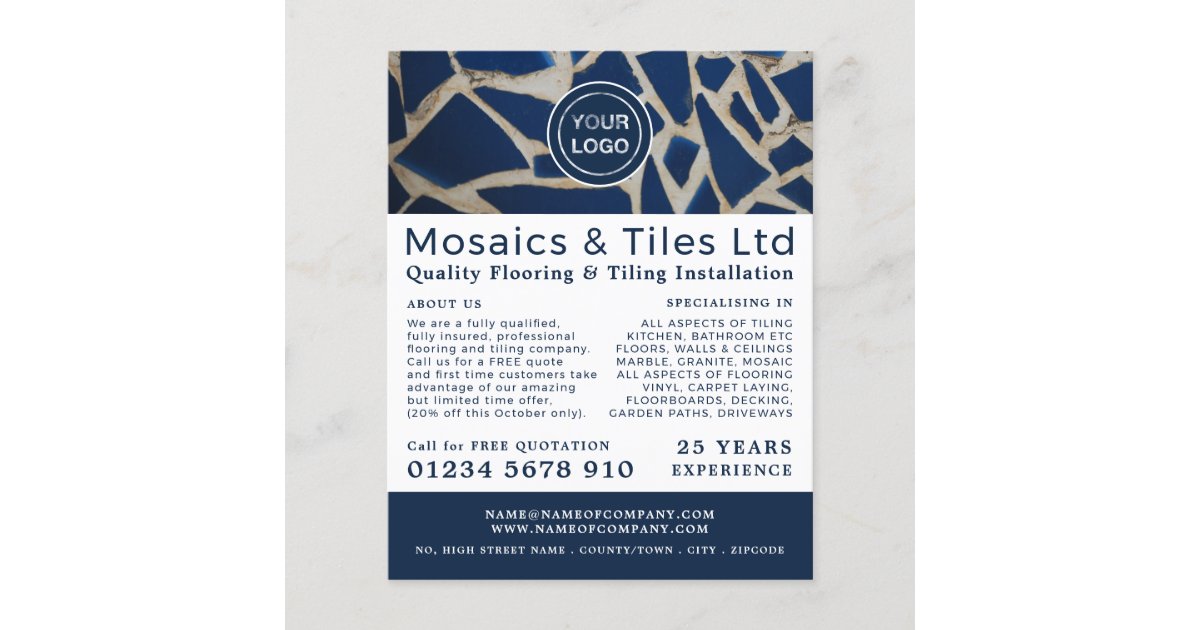 Blue Mosaic, Floorer, Tile Installer Advertising Flyer | Zazzle