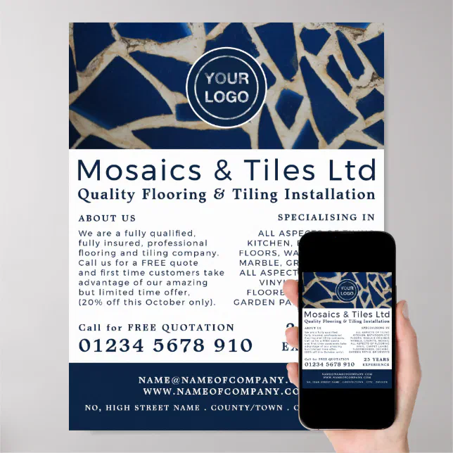 Blue Mosaic, Floorer, Tile Installer Advertising Poster | Zazzle