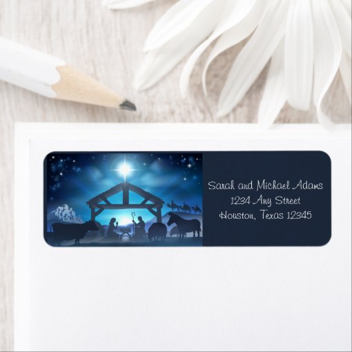Blue Nativity Religious Christmas Return Address Label | Zazzle