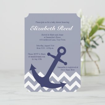 Blue Nautical Anchor on Chevron Ocean Baby Shower Invitation | Zazzle