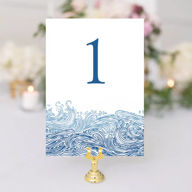 Blue Nautical Ocean Waves Wedding Table Number | Zazzle
