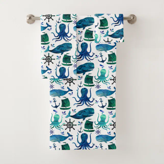 Blue Nautical Watercolor Fish Whale Octopus Marine Bath Towel Set | Zazzle