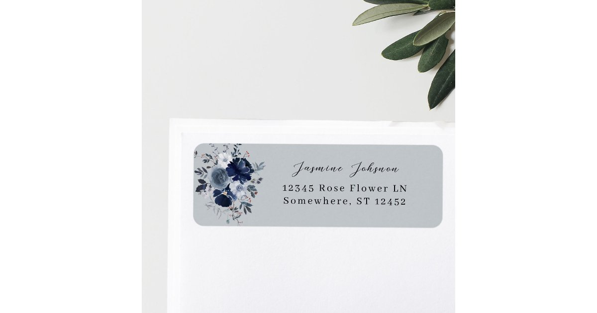 Blue & Navy Floral Return Address Label -Blue Gray | Zazzle