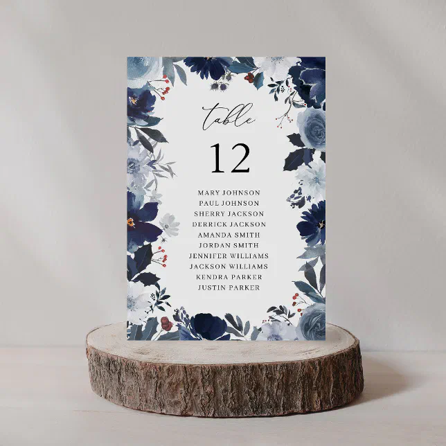 Blue & Navy Floral Table Number Seating Chart | Zazzle