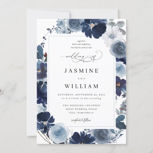 Blue & Navy Floral Wedding Invitation | Zazzle