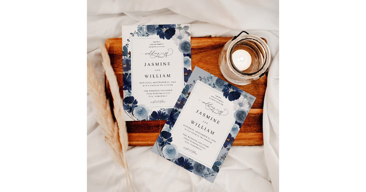 Blue & Navy Floral Wedding Invitation | Zazzle