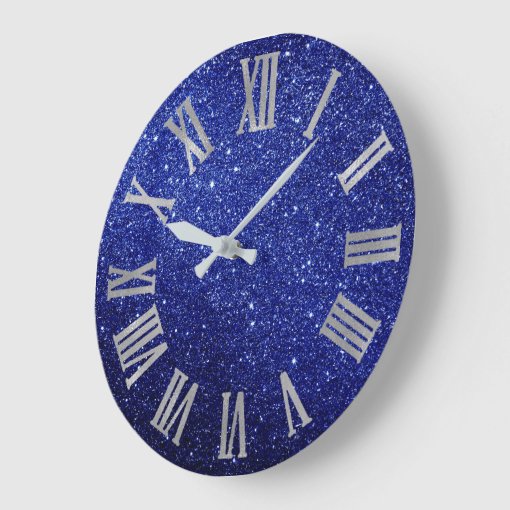 Blue Navy Glitter Silver GrayMetallic Roman Numers Large Clock | Zazzle