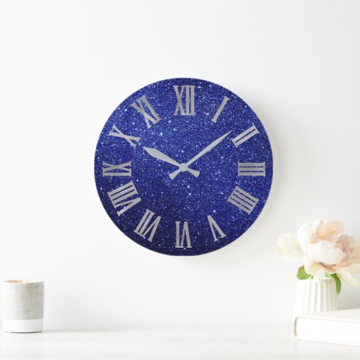 Blue Navy Glitter Silver GrayMetallic Roman Numers Large Clock | Zazzle