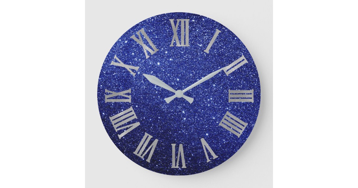 Blue Navy Glitter Silver GrayMetallic Roman Numers Large Clock | Zazzle