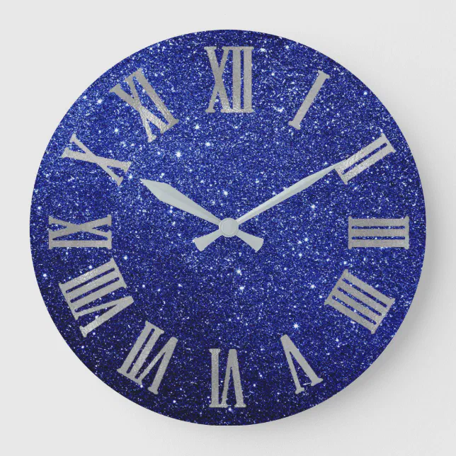 Blue Navy Glitter Silver GrayMetallic Roman Numers Large Clock | Zazzle