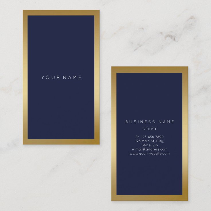Blue Navy Golden Frame Minimal Abstract Vertical Business Card | Zazzle