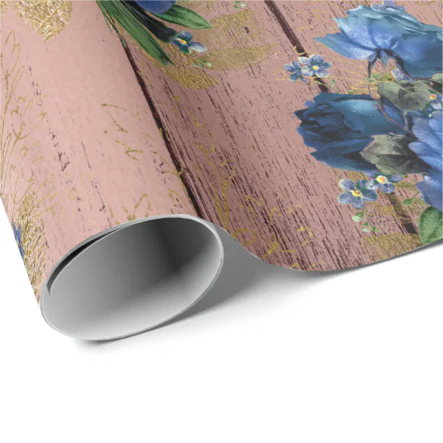 Blue Navy Rose Wood Rustic Floral Wedding Bride Wrapping Paper | Zazzle