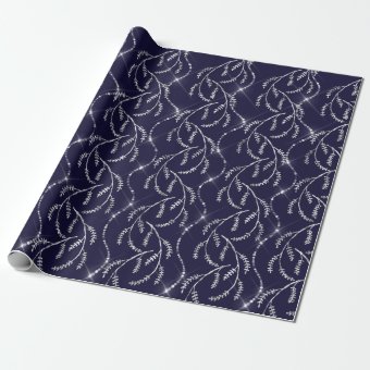 Blue Navy Sparkly Laurel Floral Silver Diamonds Wrapping Paper | Zazzle