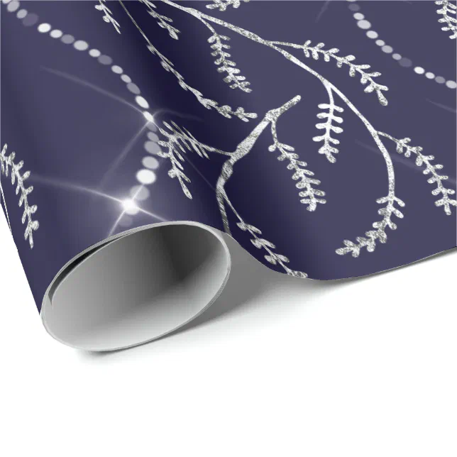 Blue Navy Sparkly Laurel Floral Silver Diamonds Wrapping Paper | Zazzle
