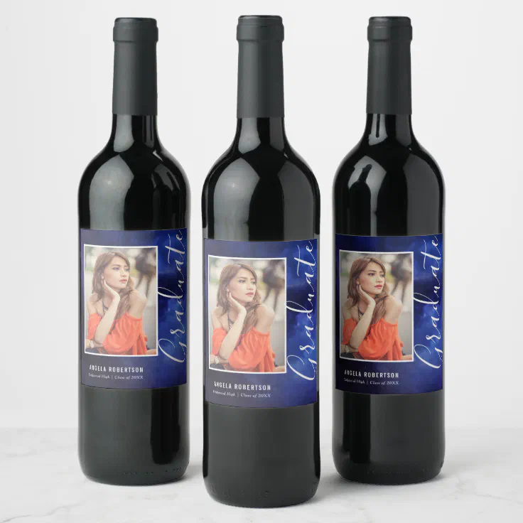 Blue Nebula Space Stylish Modern Photo Graduation Wine Label | Zazzle