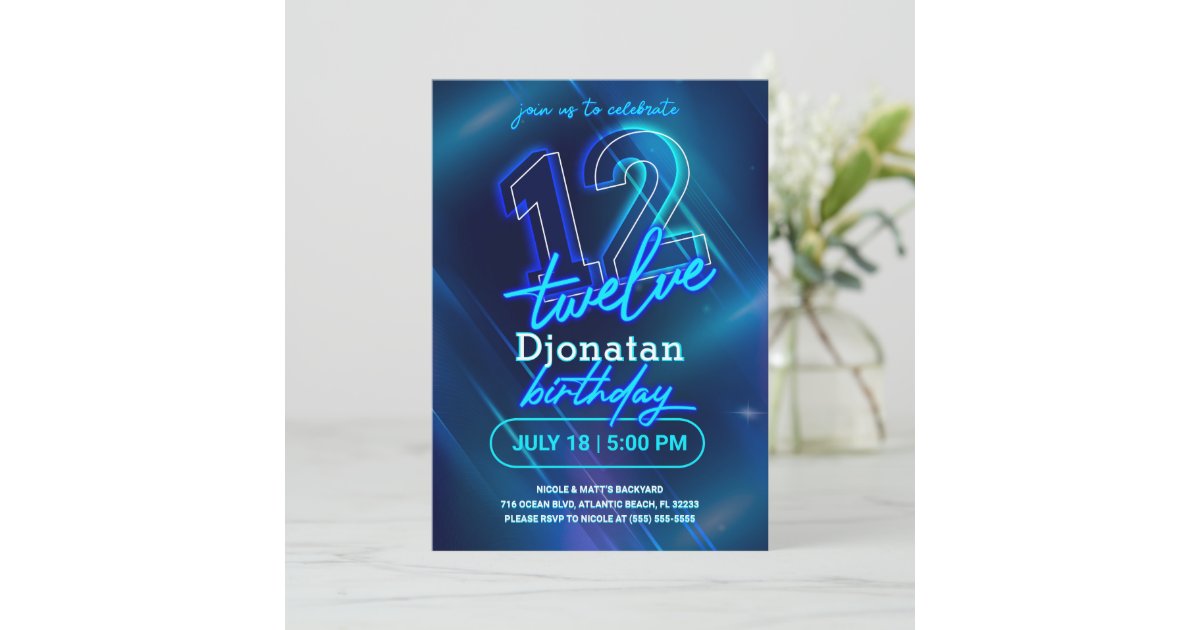 Blue Neon 12th Birthday Party Invitation Card | Zazzle