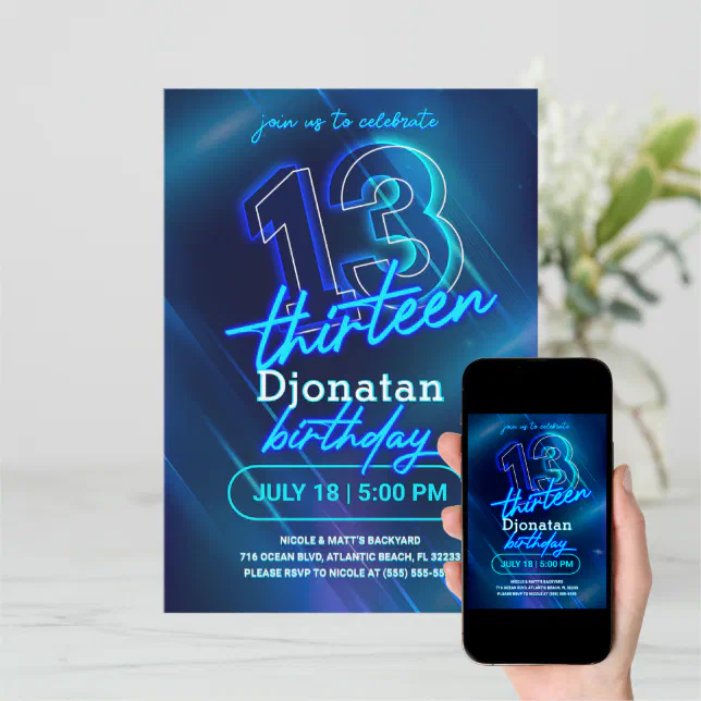 Blue Neon 13th Birthday Party Invitation Card | Zazzle