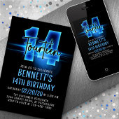 Blue Neon 14th Birthday Invitation | Zazzle