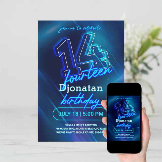 Blue Neon 14th Birthday Party Invitation Card | Zazzle