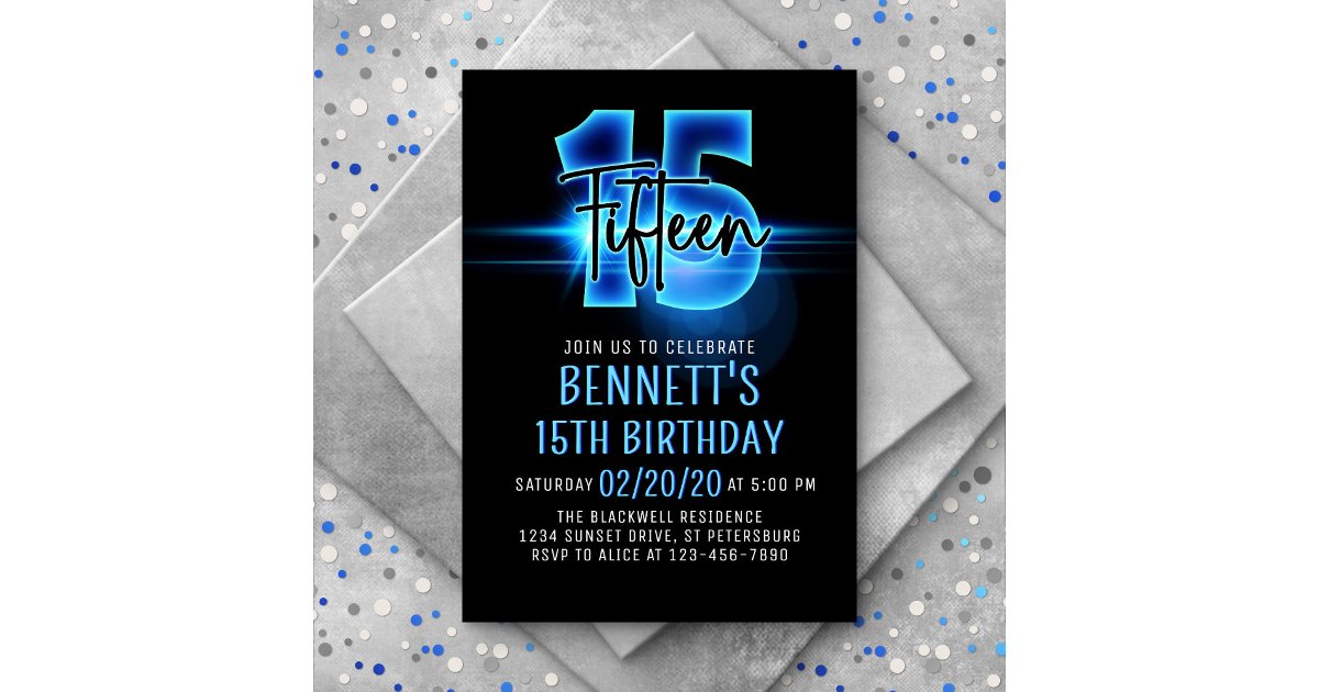 Blue Neon 15th Birthday Invitation | Zazzle