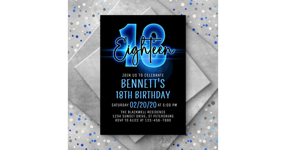 Blue Neon 18th Birthday Invitation | Zazzle