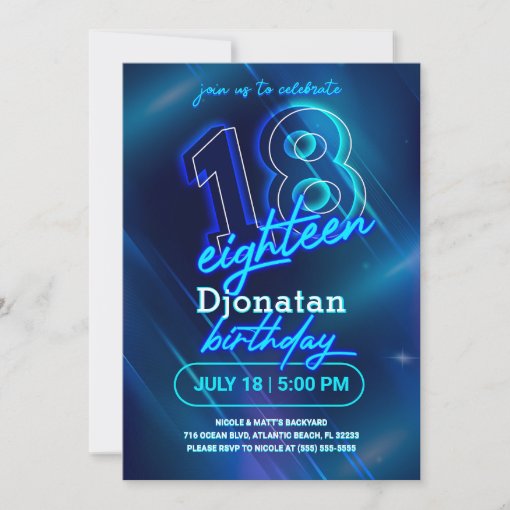 Blue Neon 18th Birthday Party Invitation Card | Zazzle
