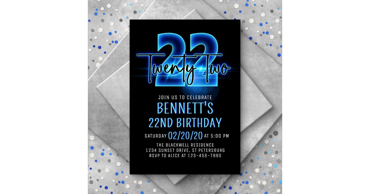 Blue Neon 22nd Birthday Invitation | Zazzle