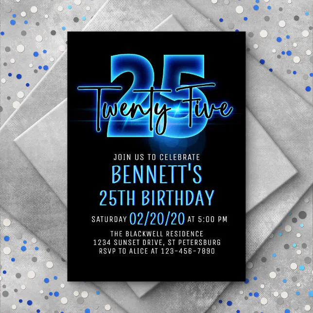 Blue Neon 25th Birthday Invitation | Zazzle
