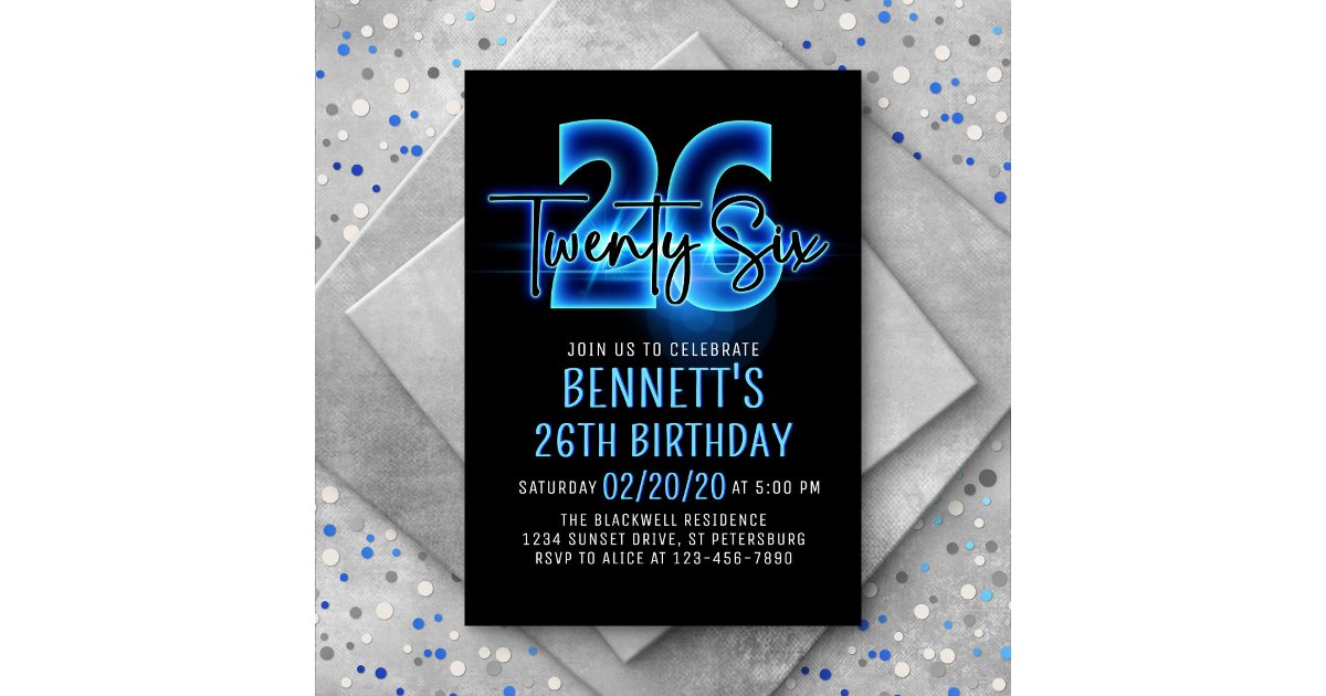 Blue Neon 26th Birthday Invitation | Zazzle