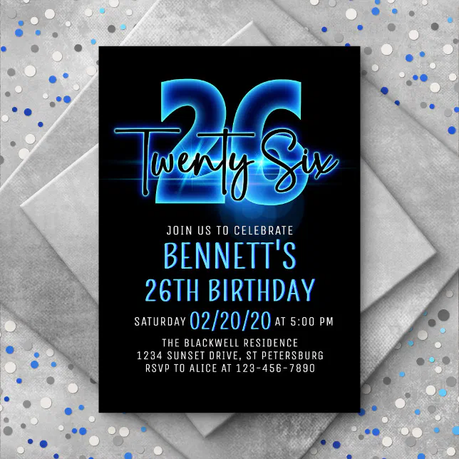 Blue Neon 26th Birthday Invitation | Zazzle