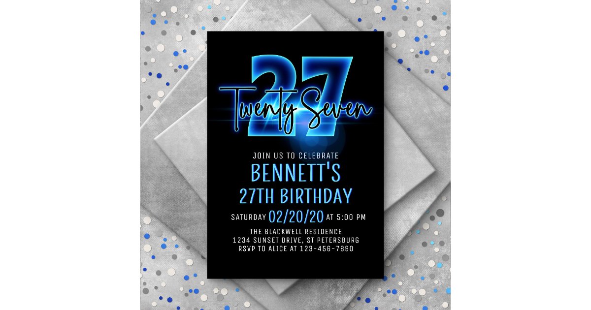 Blue Neon 27th Birthday Invitation | Zazzle
