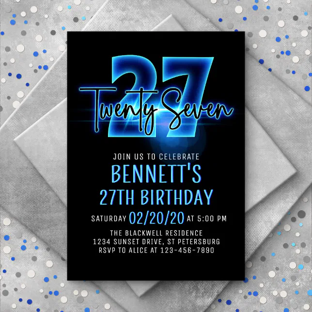 Blue Neon 27th Birthday Invitation | Zazzle