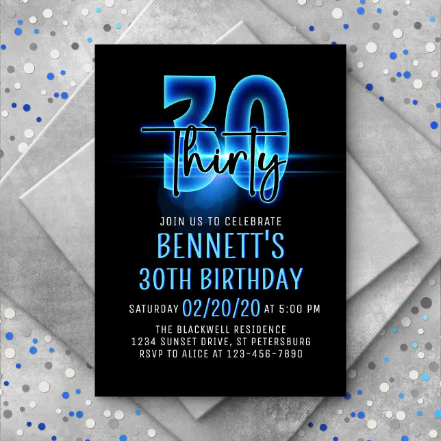 Blue Neon 30th Birthday Invitation | Zazzle