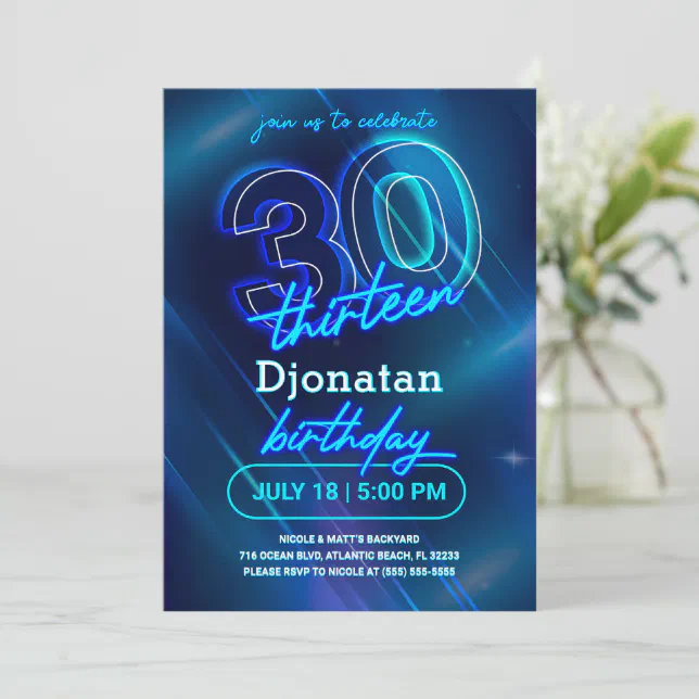 Blue Neon 30th Birthday Party Invitation Card | Zazzle