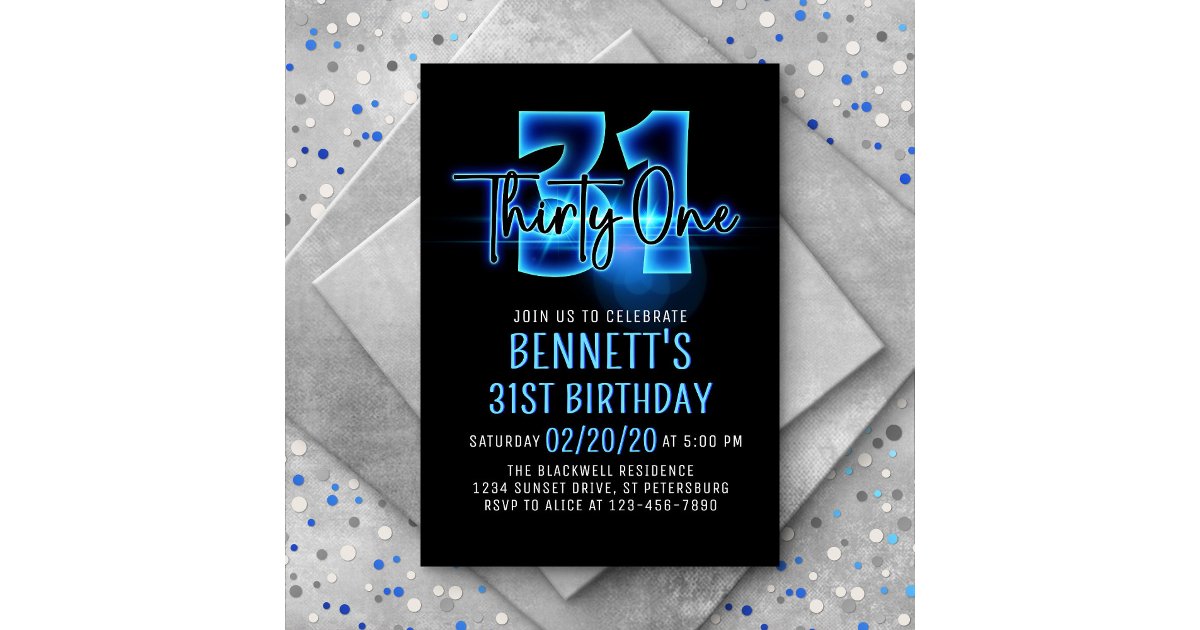 Blue Neon 31st Birthday Invitation | Zazzle