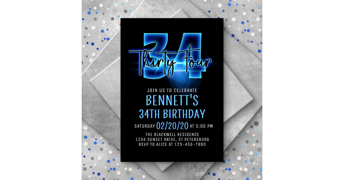 Blue Neon 34th Birthday Invitation | Zazzle